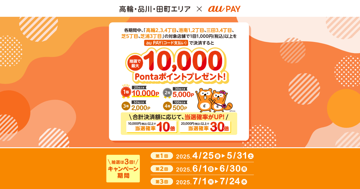 au PAY、高輪・品川・田町エリアの対象店舗でのお買い物で抽選で最大10,000Pontaポイントをプレゼント（2025年4月25日～）