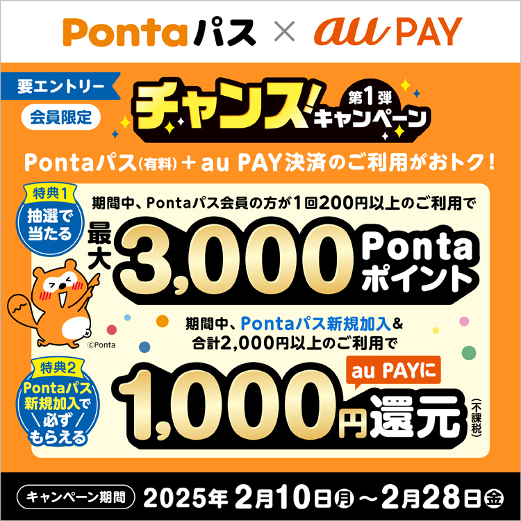 【Pontaパス会員限定】au PAYを使うと抽選で最大3,000Pontaポイントが当たる「チャンス！キャンペーン 第1弾」を開催！（2025年2月10日～）