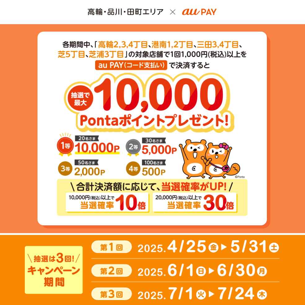 au PAY、高輪・品川・田町エリアの対象店舗でのお買い物で抽選で最大10,000Pontaポイントをプレゼント（2025年4月25日～）
